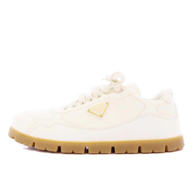 【中古】プラダ PRADA ロートップスニーカー レザー 三角プレート 39 アイボリー 1E709N /KH レディース