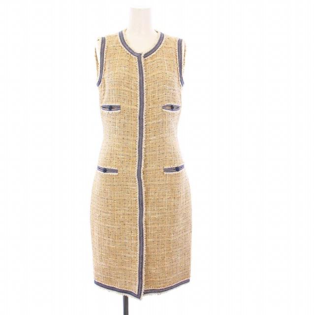 【中古】シャネル CHANEL 09P ツイード ノースリーブワンピース ひざ丈 チェック ココボタン ココマーク 36 ベージュ