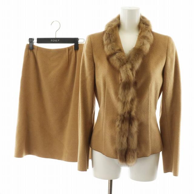 【中古】フォクシー FOXEY スーツ セットアップ ジャケット フレアスカート ひざ丈 38 ベージュ