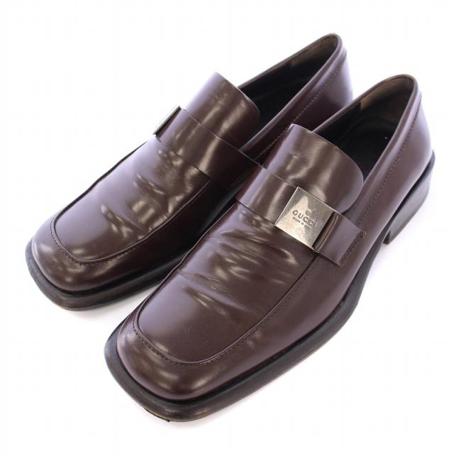 【中古】グッチ GUCCI ローファー スクエアトゥ ローヒール レザー ロゴプレート 42 茶 ブラウン /BB メンズ
