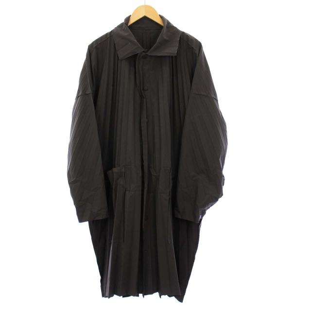 【中古】オムプリッセイッセイミヤケ ステンカラーコート プリーツ ロング カットオフ グレー HP41FA001