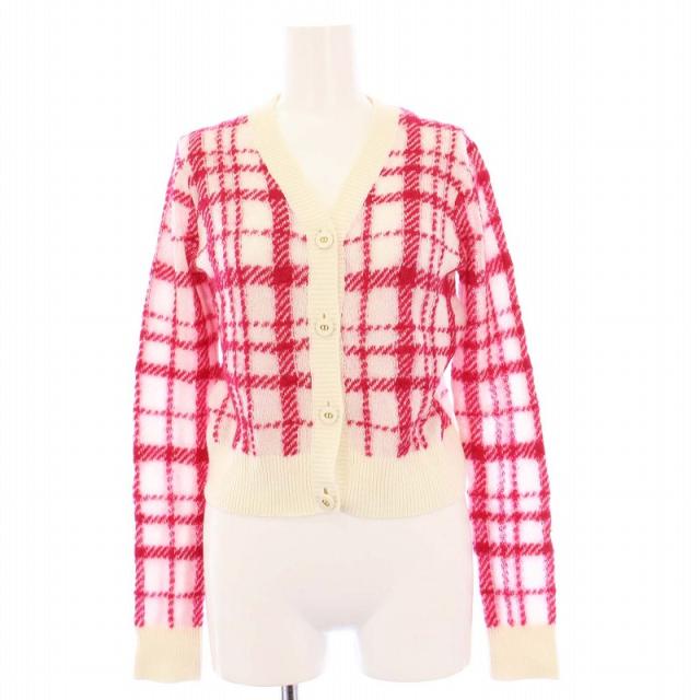 【中古】クリスチャンディオール ニットカーディガン 長袖 チェック クロップド丈 モヘアシルク混 I40 白 ピンク