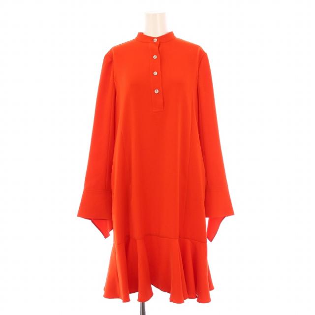 【中古】アディアム ADEAM ワンピース ひざ丈 長袖 バンドカラー ハーフボタン フリル 無地 ストレッチ 0 赤