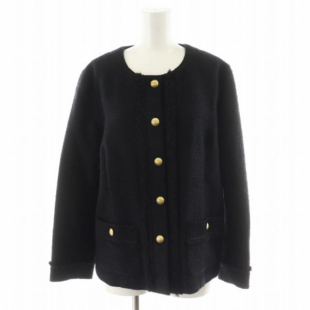 【中古】ブケ ドゥ リュンヌ BOUQUET de L'UNE ノーカラージャケット ツイード 金ボタン F 黒 ブラック BQ214-501