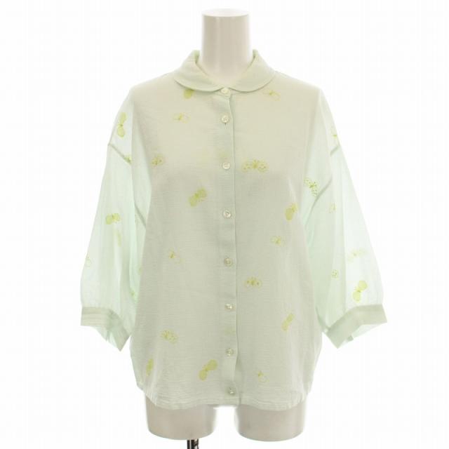 【中古】ミナペルホネン mina perhonen シャツ ブラウス ts1696 choucho 蝶々 刺繍 五分袖 38 ミントグリーン 黄緑