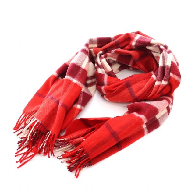 【中古】ジョンストンズオブエルガン グリーンレーベルリラクシング マフラー ストール チェック カシミヤ混 レッド