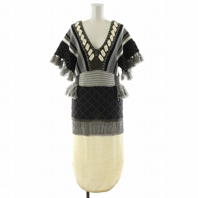 【中古】マメクロゴウチ  Mame Kurogouchi フリンジニットワンピース ロング丈 半袖 2 グレー アイボリー 黒