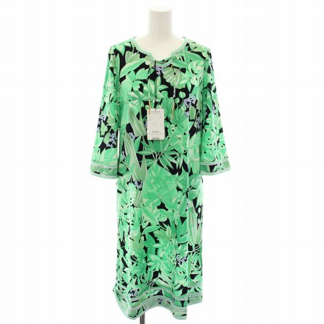 【中古】未使用品 レオナール ファッション ワンピース ロング 長袖 花柄 リボン 34 黄緑 黒 0130012 レディース