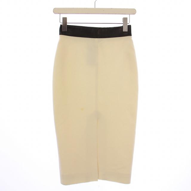 【中古】トムフォード タイトスカート ミモレ ロング スリット ストレッチ ウール シルク ラムレザー アイボリー 黒