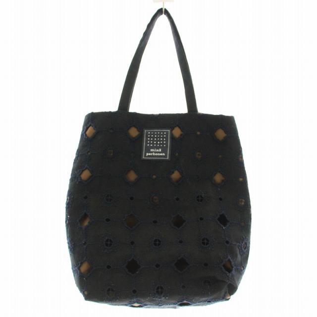 【中古】ミナペルホネン mina perhonen anemone garden patchwork zs9205 ミニバック トート リネン混 花柄 刺繍 黒