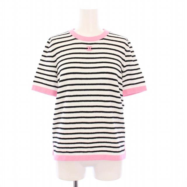 【中古】未使用品 シャネル CHANEL 24SS タグ付き Tシャツ カットソー 半袖 ココマーク パイル地 ボーダー 34 白 黒