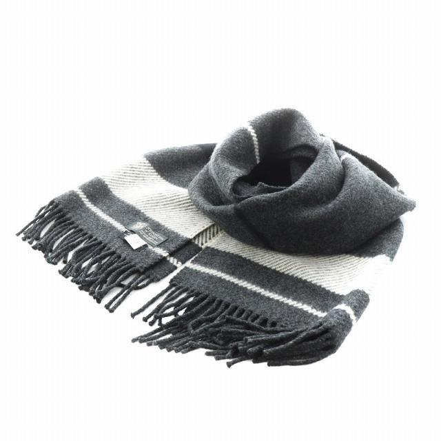 【中古】ジョンストンズオブエルガン × ユナイテッドアローズ ストール フリンジ チェック柄 ウール グレー