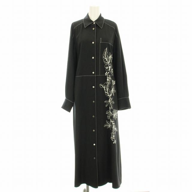 【中古】未使用品 アドーア ADORE フラワーバード刺繍シャツワンピース ロング 花柄 オープンバック 長袖 38 黒