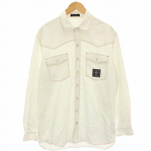 【中古】ヴェルサーチ ヴェルサーチェ VERSACE ウエスタンシャツ デニムシャツ ダンガリーシャツ ロゴ ステッチ 長袖