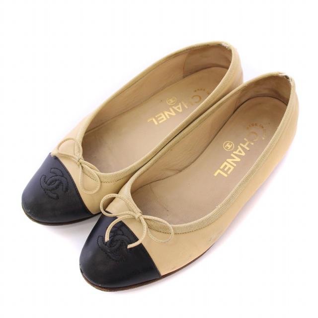 【中古】シャネル CHANEL パンプス ラウンドトゥ ローヒール レザー ココマーク リボン バイカラー 35 ベージュ 黒