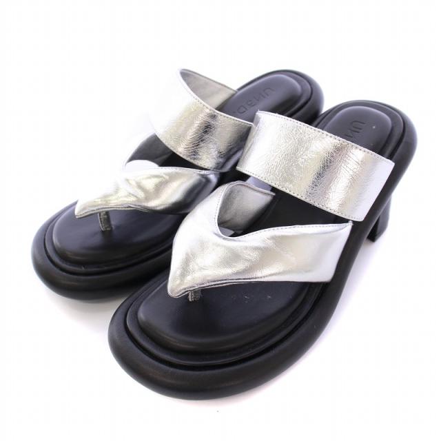 【中古】アンスリード プランプトングサンダル チャンキーヒール 厚底 レザー 牛革 バイカラー 37 シルバー 黒