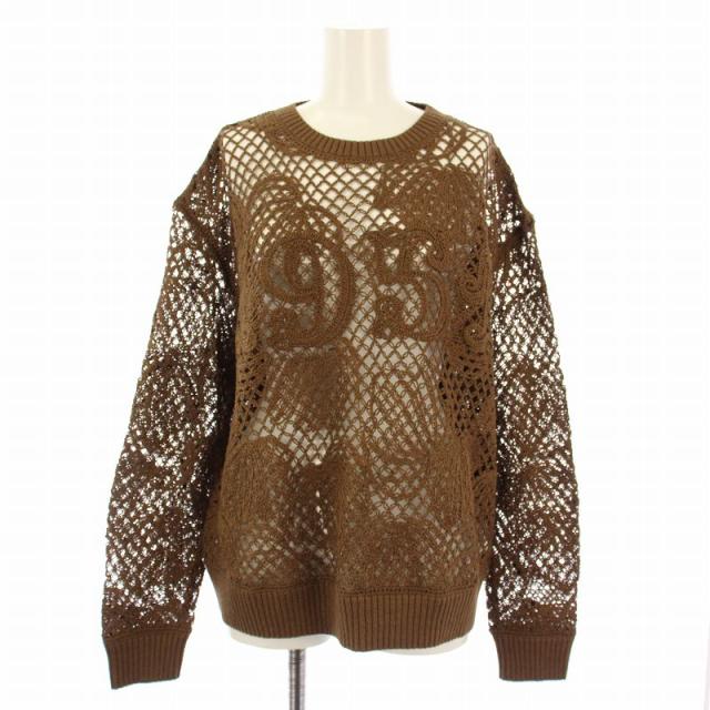 【中古】未使用品 マックスマーラ 25SS ファレア コットンヤーンニット 長袖 クルーネック メッシュ 編み込み M 茶
