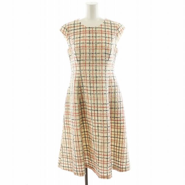 【中古】ルネ Rene 23年製 ワンピース ノースリーブ ロング丈 ツイード チェック柄 34 白 ホワイト 赤 レッド 黒