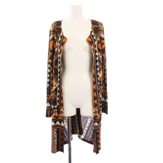 【中古】プリーツプリーズ イッセイミヤケ ロングカーディガン 長袖 総柄 プリーツ 4 ブラウン PP03-JA676