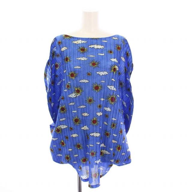 【中古】プリーツプリーズ PLEATS PLEASE イッセイミヤケ プリーツカットソー ブラウス ドルマンスリーブ 総柄 ブルー