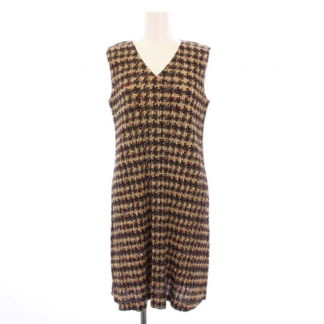 【中古】プリーツプリーズ イッセイミヤケ ノースリーブワンピース ひざ丈 総柄 プリーツ 3 ブラウン ベージュ