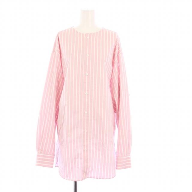 【中古】シンゾーン ノーカラーシャツ シャツ ブラウス 長袖 ストライプ オーバーサイズ FO ピンク 24MMSBL01