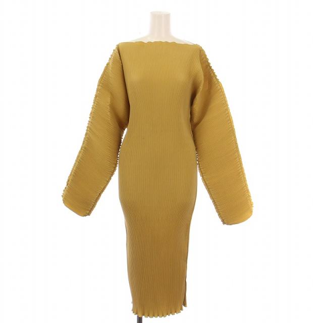 【中古】トーテム イエローミアヴィナドレス タイトワンピース 長袖 ミモレ ロング ボートネック マスタード 黄色