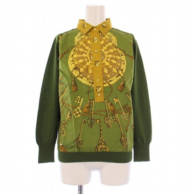 【中古】エルメス HERMES ニット 長袖 レギュラーカラー ハーフボタン 切替 38 緑 グリーン 黄色 イエロー