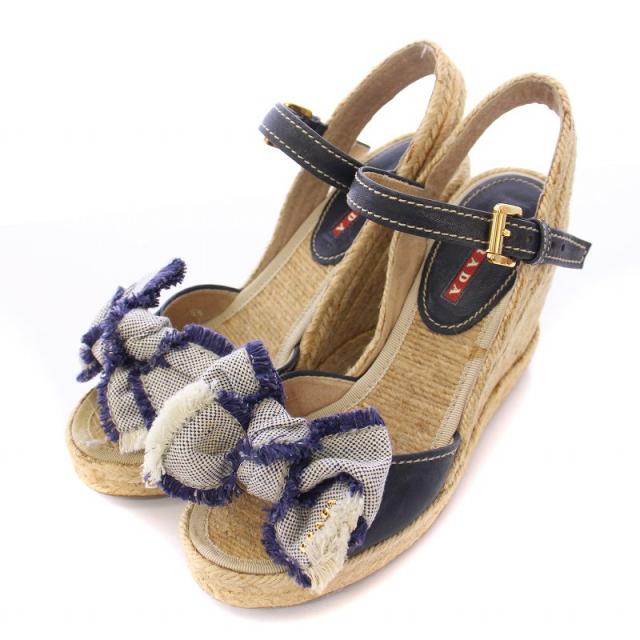 【中古】プラダ ストラップサンダル アンクル ラウンドトゥ ウェッジソール エスパドリーユ デニム ベージュ 紺