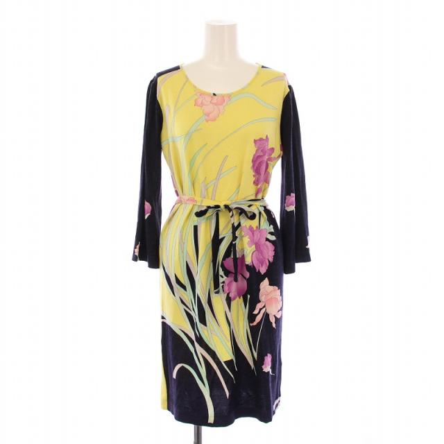 【中古】レオナール LEONARD ワンピース ひざ丈 長袖 クルーネック 花柄 ウール ベルト 42 黄色 マルチカラー