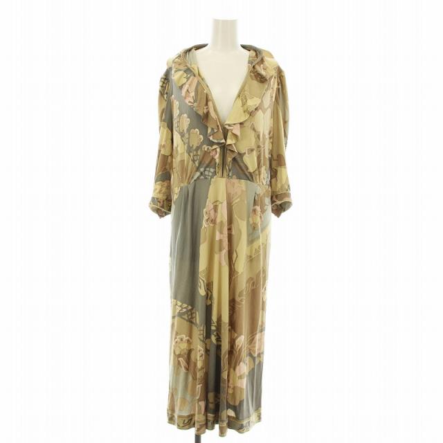 【中古】レオナール PARIS ワンピース フレア ロング マキシ 七分袖 Vネック フリル 総柄 シルク 44 ベージュ グレー