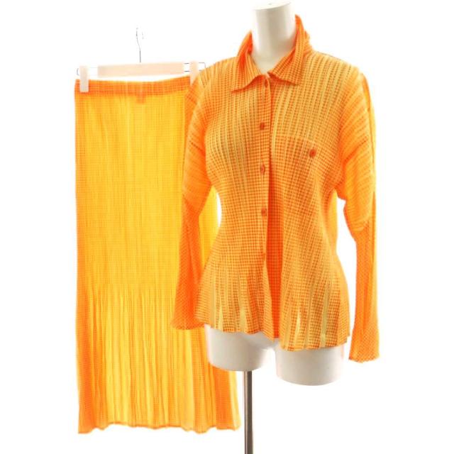 【中古】プリーツプリーズ イッセイミヤケ セットアップ シャツ ブラウス 長袖 フレアスカート 4 オレンジ