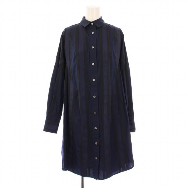 【中古】サカイ sacai シャツワンピース ひざ丈 長袖 レギュラーカラー ボーダー柄 切替 1 黒 ブラック 紺 ネイビー