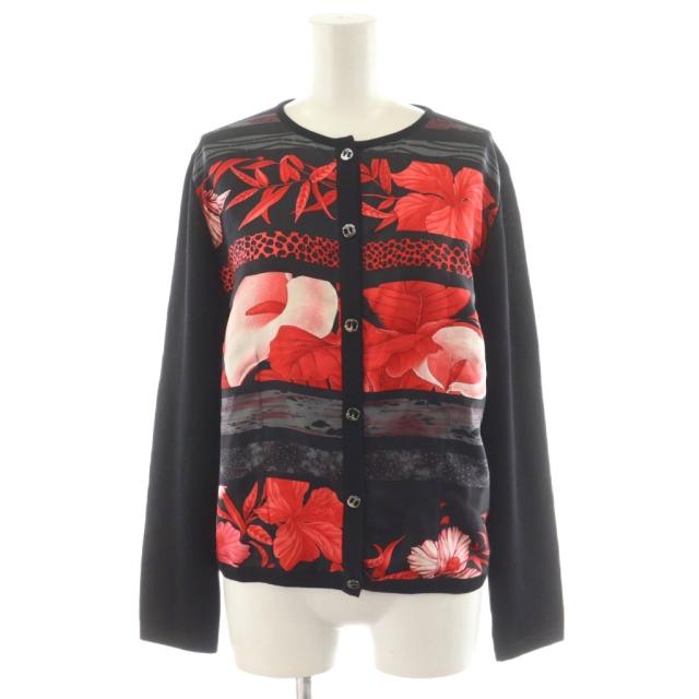 【中古】サルヴァトーレフェラガモ Salvatore Ferragamo カーディガン 花柄 切替 ウール シルク 絹 S 黒 ブラック 赤