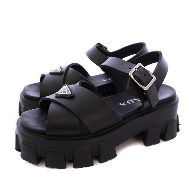 【中古】プラダ PRADA モノリス ラバー サンダル トライアングルロゴ 厚底 35 黒 1X382N /KH レディース