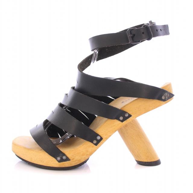 【中古】トリッペン trippen ストラップサンダル スクエアトゥ チャンキーヒール ウッド レザー 37 黒 ベージュ