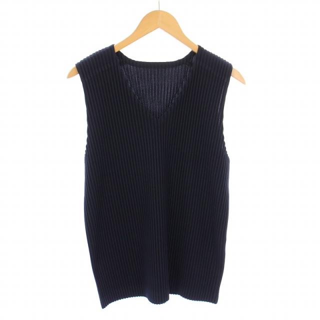 【中古】未使用品 オムプリッセイッセイミヤケ ベーシック ベスト プルオーバー Vネック プリーツ加工 無地 2 紺