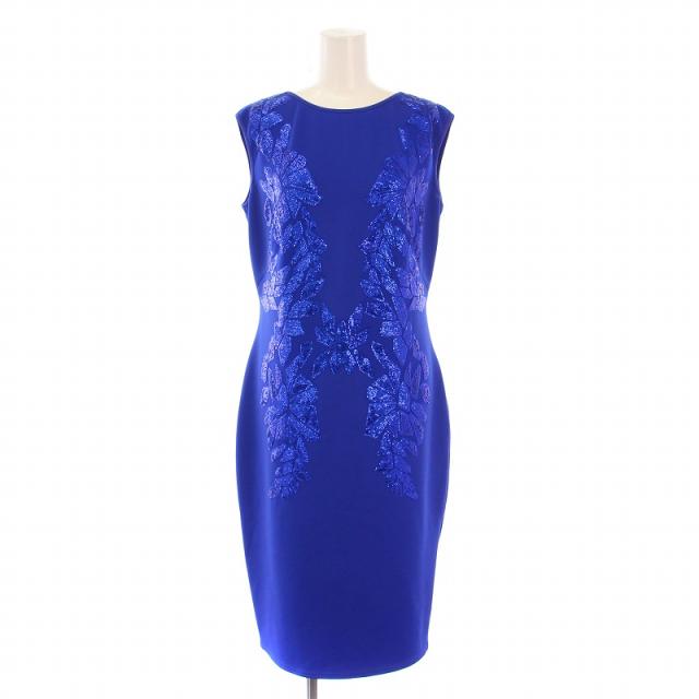 【中古】タダシショージ TADASHI SHOJI タイトワンピース ひざ丈 ノースリーブ クルーネック スパンコール 装飾 青