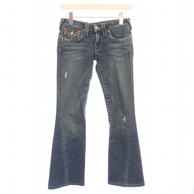 【中古】トゥルーレリジョン ジョーイ デニムパンツ ジーンズ フレア ジップフライ ダメージ加工 ロゴパッチ W25 青