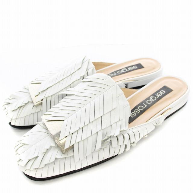 【中古】セルジオロッシ Sergio rossi ミュール レザー サンダル フリンジ 37.5 白 ホワイト /☆G レディース