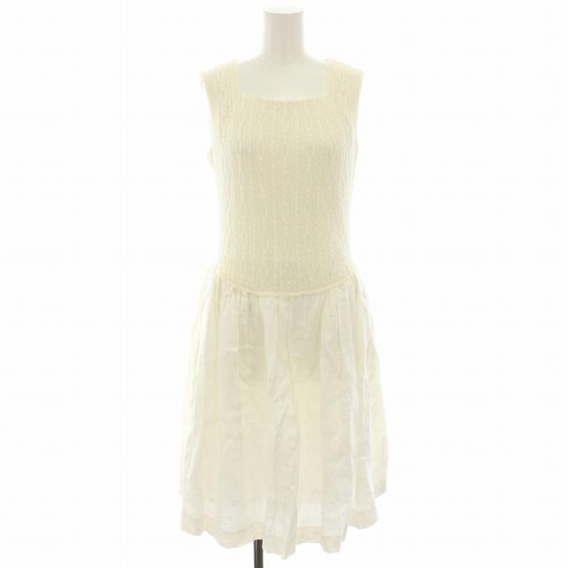 【中古】フォクシー FOXEY ケーブルドレス ワンピース ひざ丈 ノースリーブ ニット切替 麻 40 白 33799 レディース