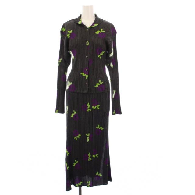 【中古】プリーツプリーズ イッセイミヤケ セットアップ ブラウス シャツ 長袖 ロングスカート 総柄 3 2 グレー