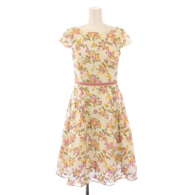 【中古】トッカ TOCCA フレアワンピース ひざ丈 半袖 クルーネック 花柄 刺繍 00 アイボリー マルチカラー