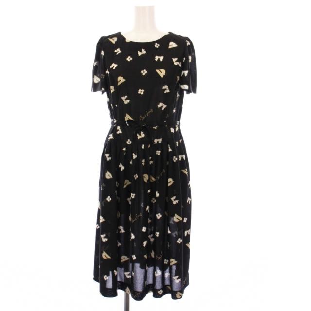 【中古】エムズグレイシー M'S GRACY ワンピース ロング 半袖 パフスリーブ リボン ハット柄 40 黒 IT-811372