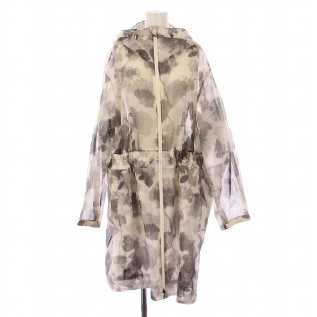 【中古】フェンディ AERY SHADY フラワーズジャケット ナイロン アウター ミドル丈 フード シアー M グレー 白