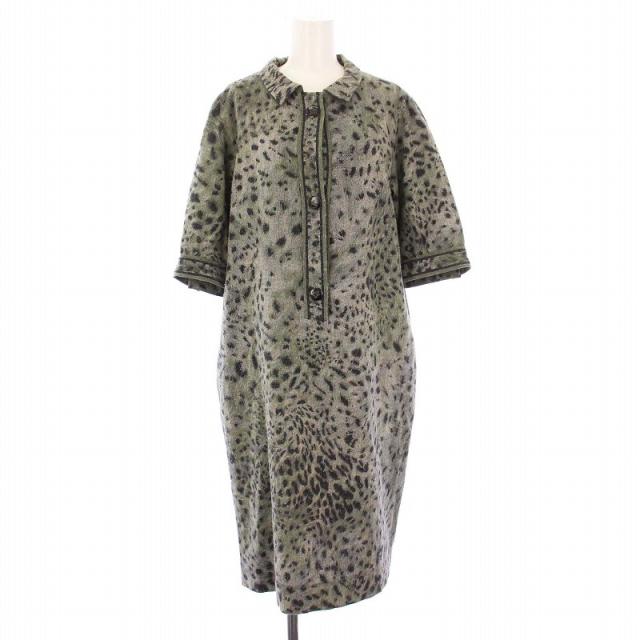 【中古】レオナール LEONARD FASHION ワンピース ロング 半袖 レオパード ヒョウ柄 38 カーキ /KH レディース