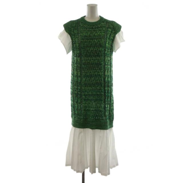 【中古】未使用品 トーガ プルラ TOGA PULLA ワンピース ロング丈 半袖 ニット切替 プリーツ 36 緑 グリーン 白