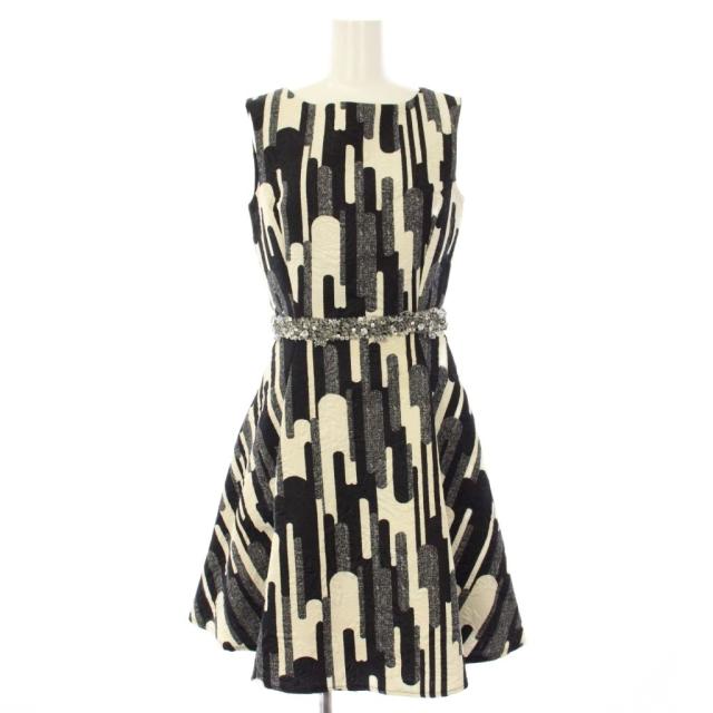 【中古】ブルーガール ブルマリン ワンピース ひざ丈 ノースリーブ 総柄 ビジュー I38 黒 白 レディース