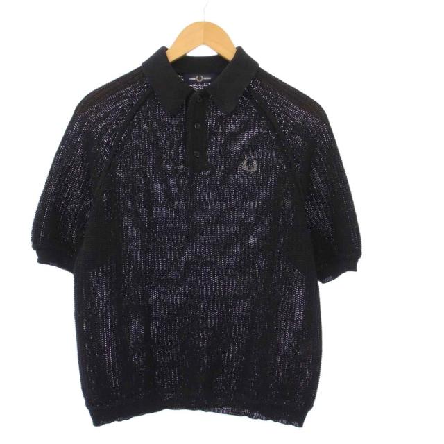 【中古】フレッドペリー FRED PERRY KNIT POLO SHIRT ニットポロシャツ 半袖 ロゴ L ブラック FZ1826 /KH メンズ