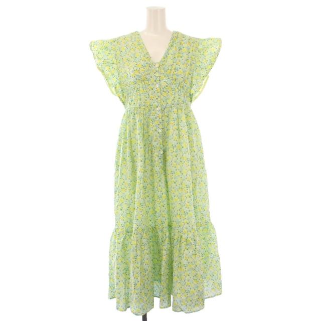 【中古】オブリ OBLI イエローフリルワンピース ミモレ ロング 半袖 Vネック 花柄 1 緑 グリーン 黄色 23SSND15-1